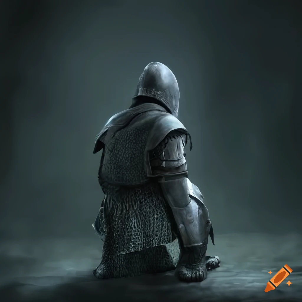 Medieval knight kneeling with sword, facing away in a dark setting on ...