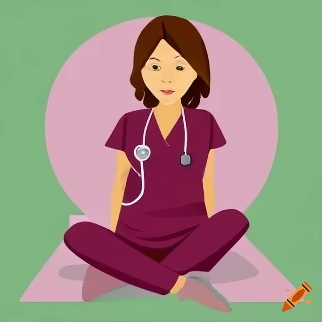 Female healthcare professional in maroon scrubs sitting cross legged on ...