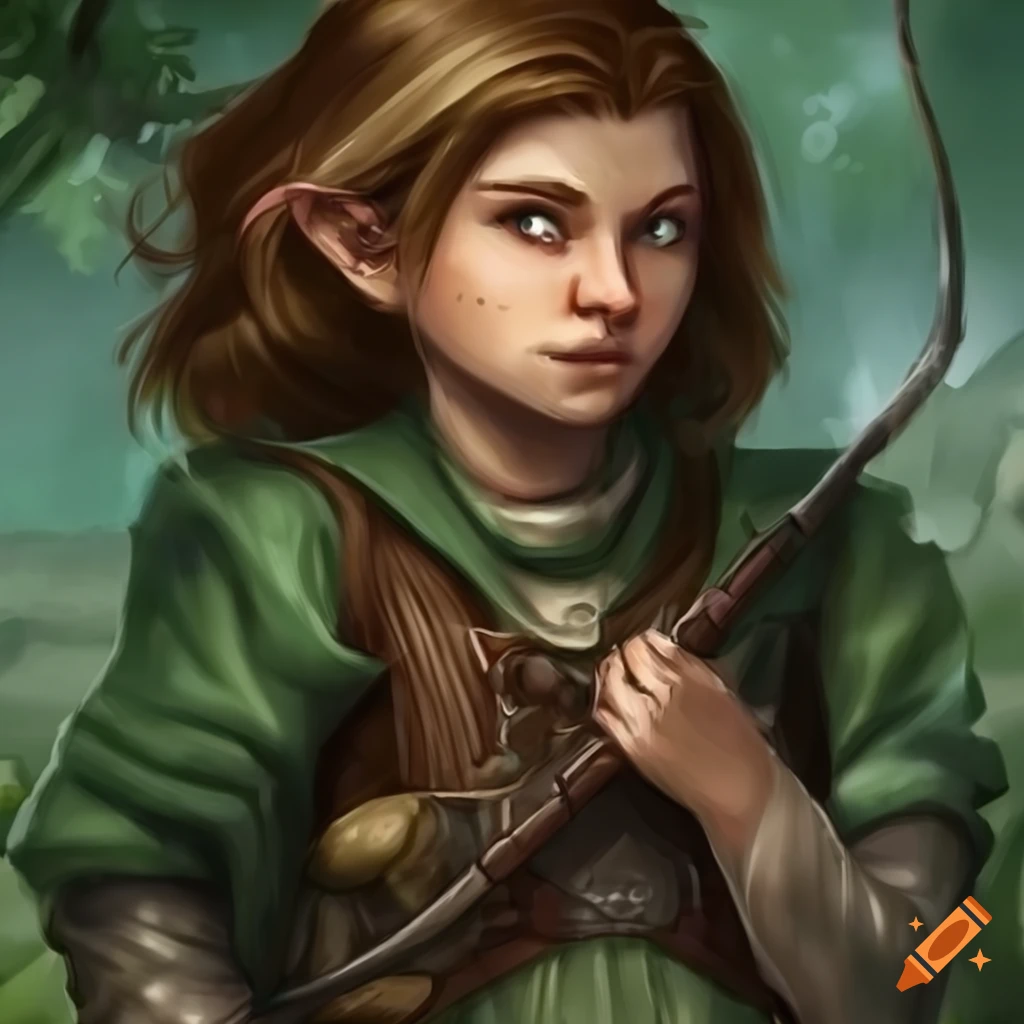 Female halfling ranger with brown hair in a forest setting on Craiyon