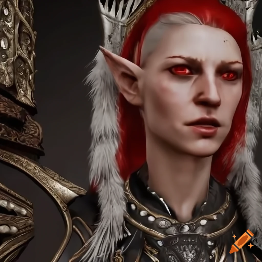 Pale-skinned elf king with red hair and eyes sitting on throne with ...
