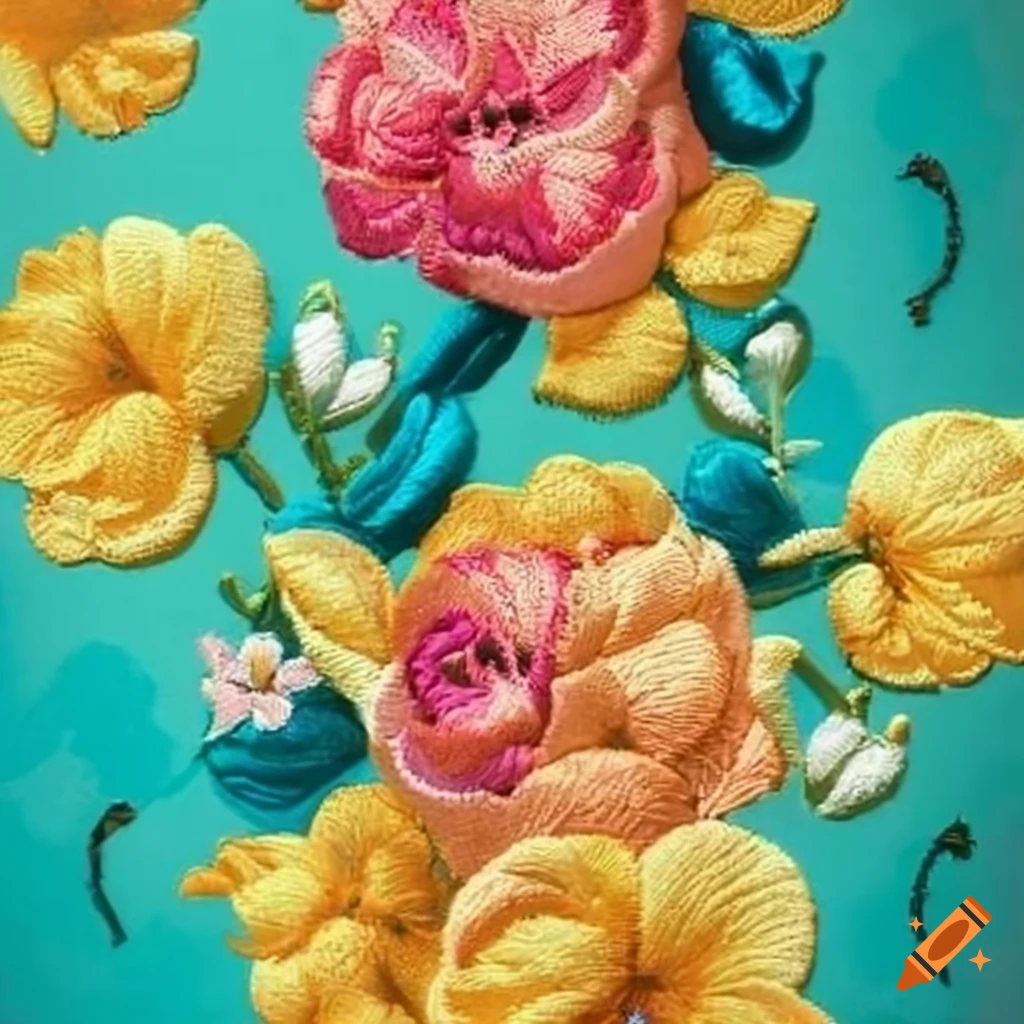 Embroidered flowers in pink, yellow, and teal on Craiyon
