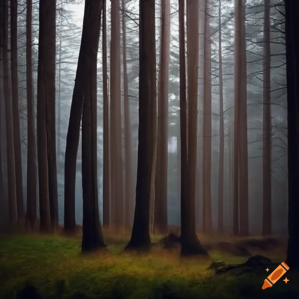 Dense pine forest at dusk on Craiyon