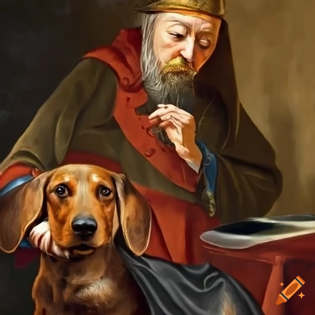 Medieval magician with a dachshund on Craiyon