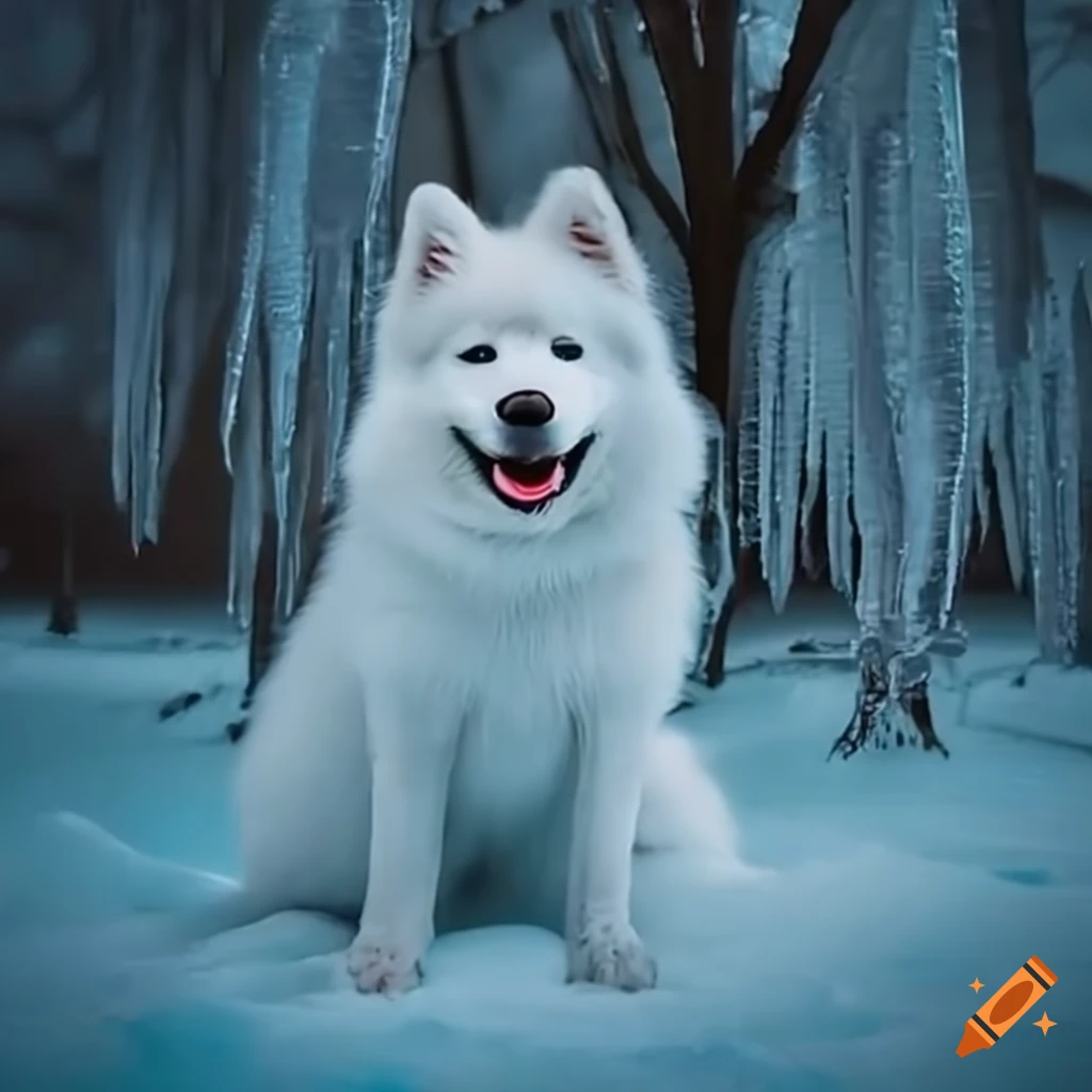 Samoyed surrounded by frozen icicles in the arctic on Craiyon