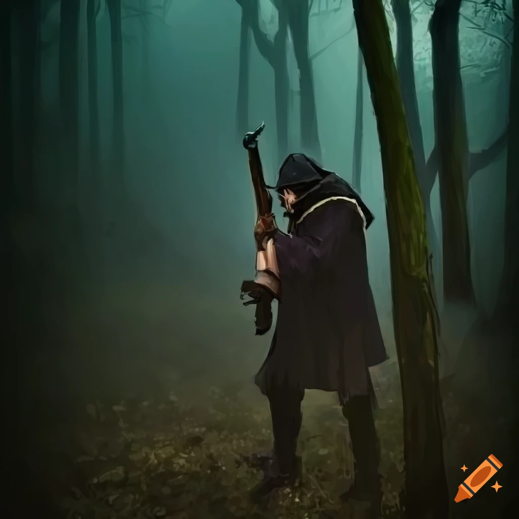 Fantasy wizard with a magical rifle in a dark forest on Craiyon