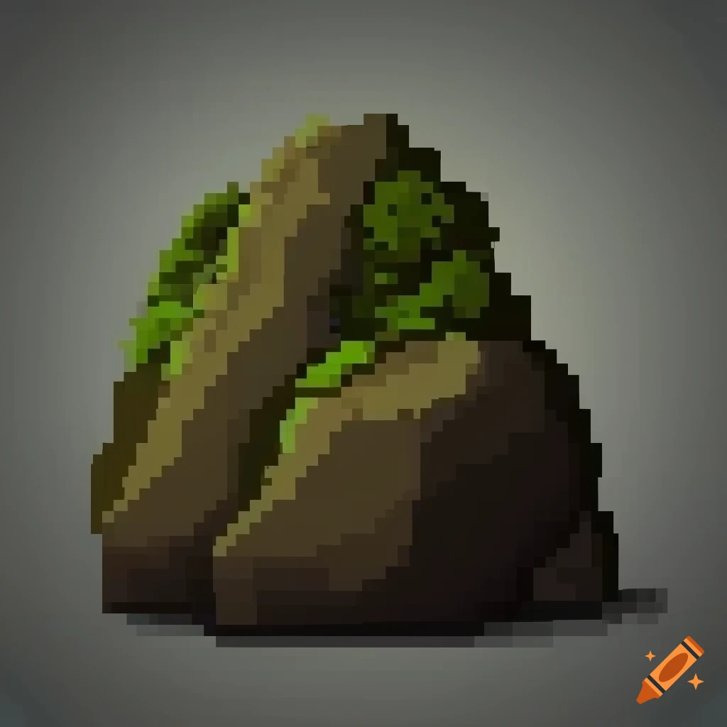 Detailed side view of moss-covered boulder in pixel art on Craiyon