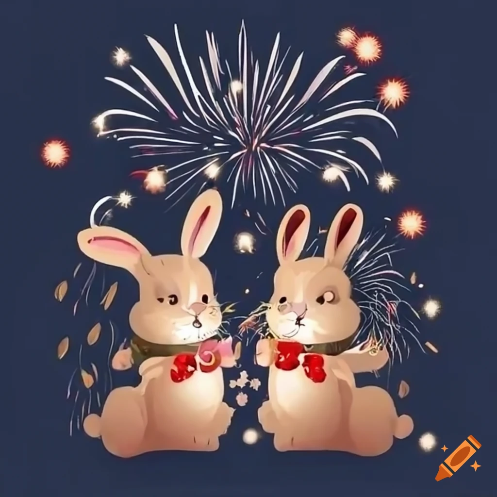Two rabbits celebrating New Year with fireworks and champagne on Craiyon