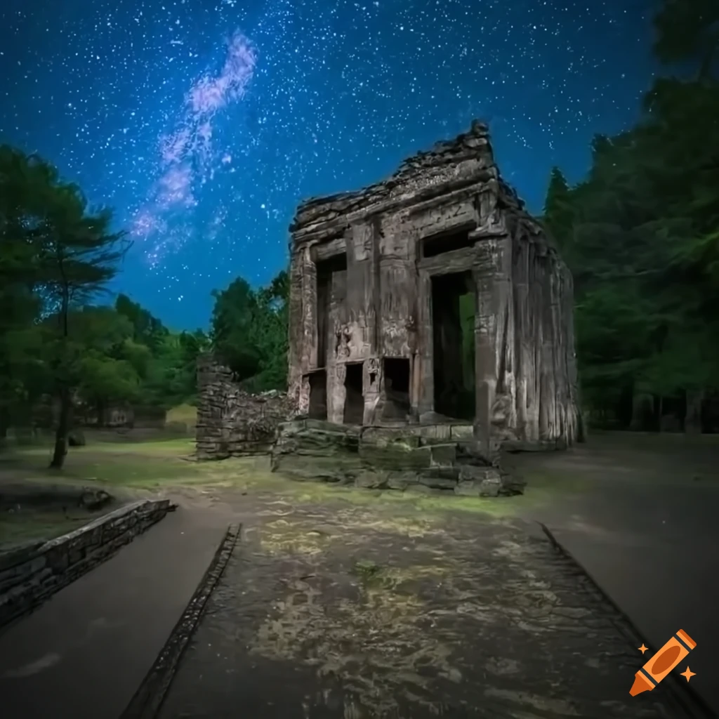 Ruins of an old martial arts temple training ground in a forest at ...