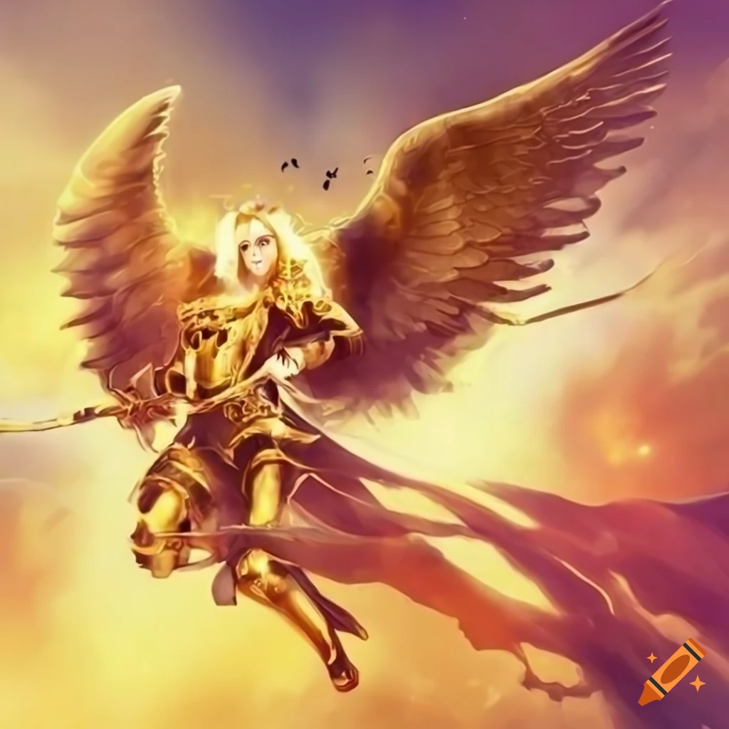 Battle angel flying in bright warm light with magical golden spear on ...