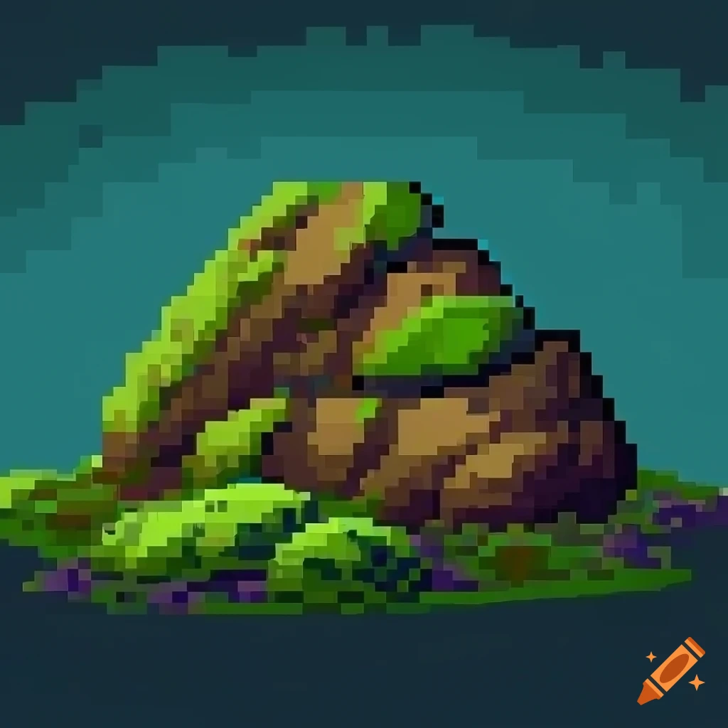 Detailed side view of moss-covered boulder in pixel art style on Craiyon