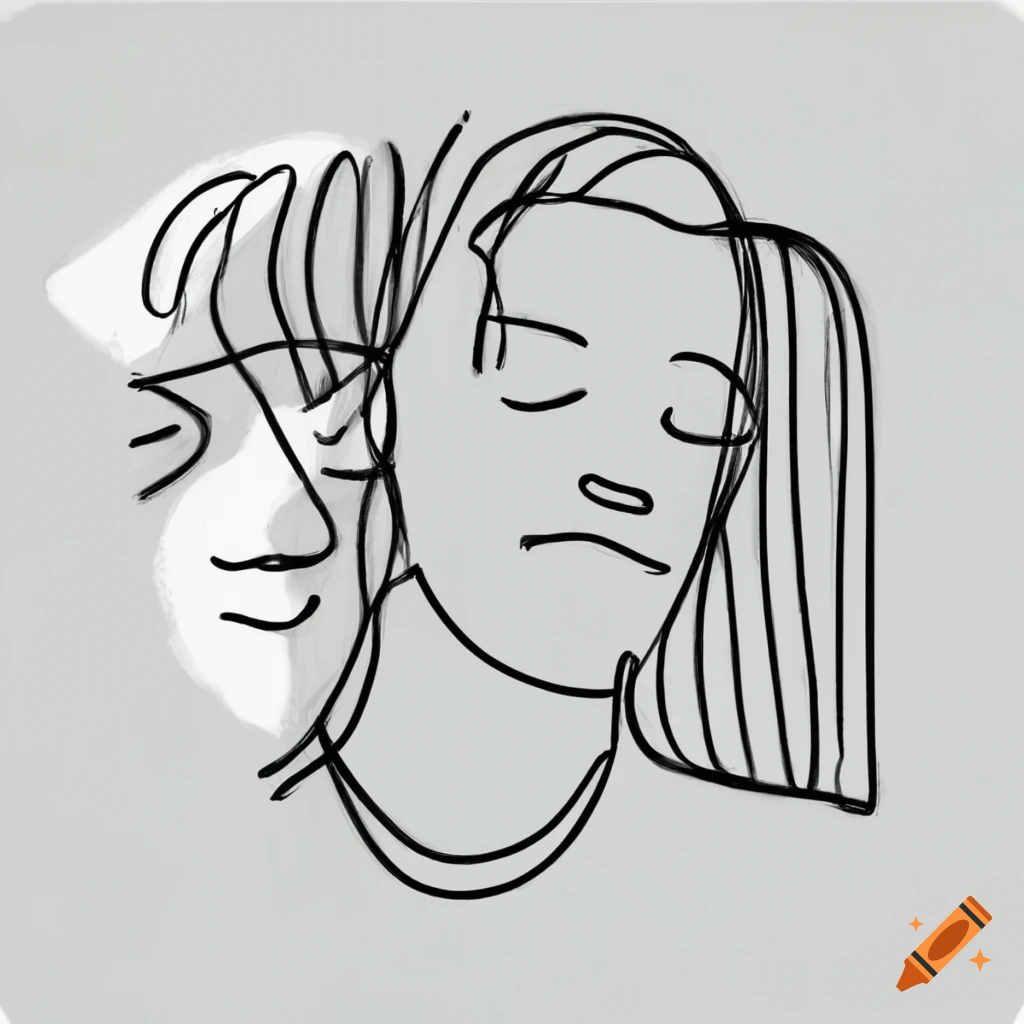 Abstract continuous pencil line sketch of a man with changing faces ...
