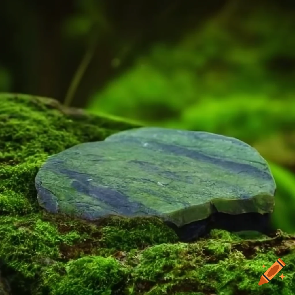Flat stone slab covered in green moss on Craiyon