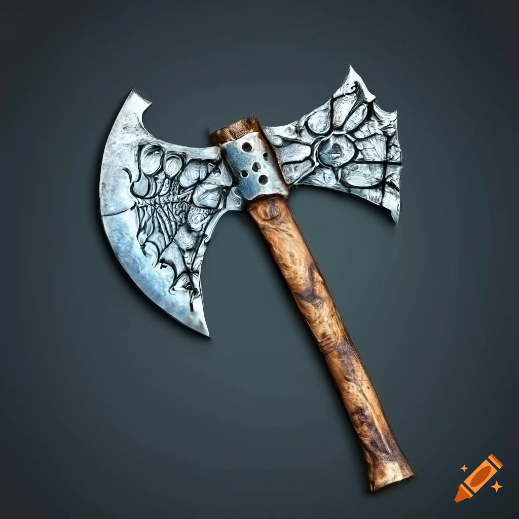 Ancient battle axe with spiderweb decorations on dark background on Craiyon