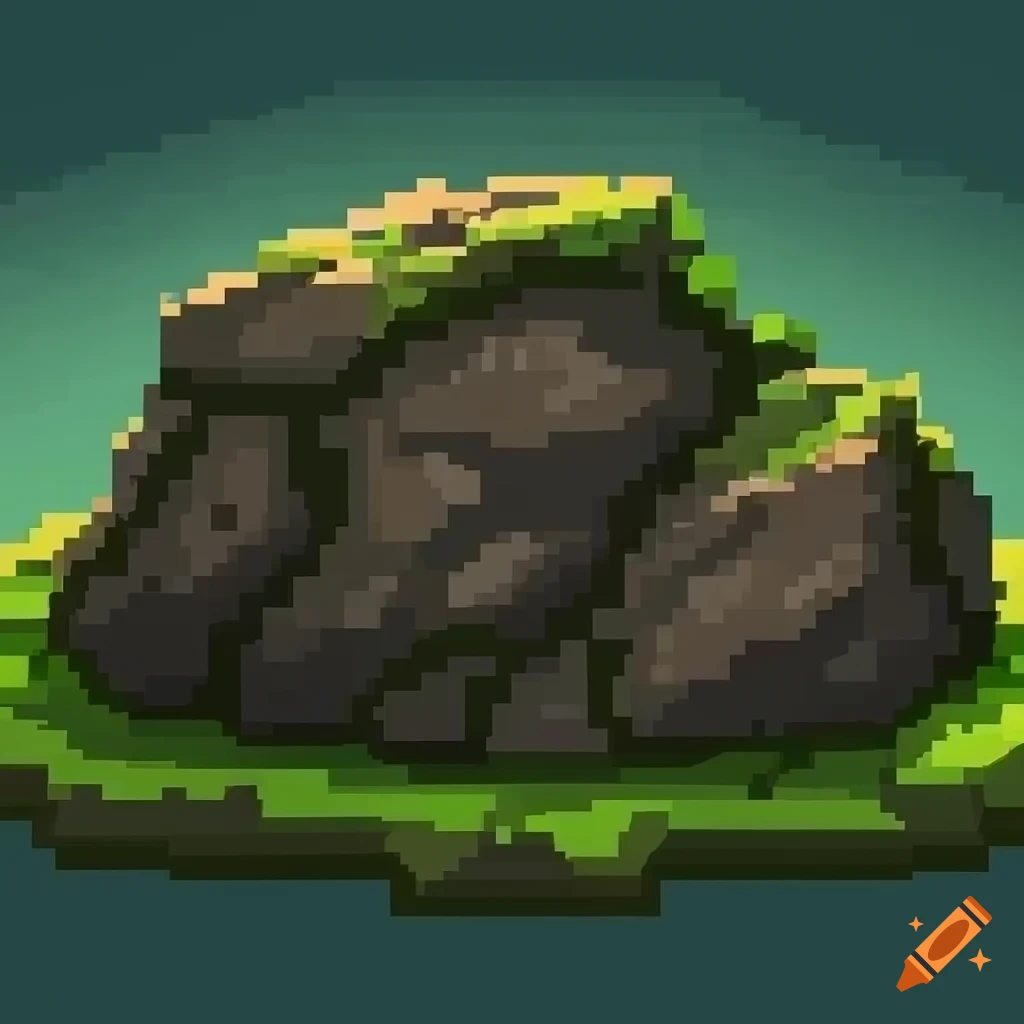 Detailed side view of moss-covered pixel art boulder on Craiyon
