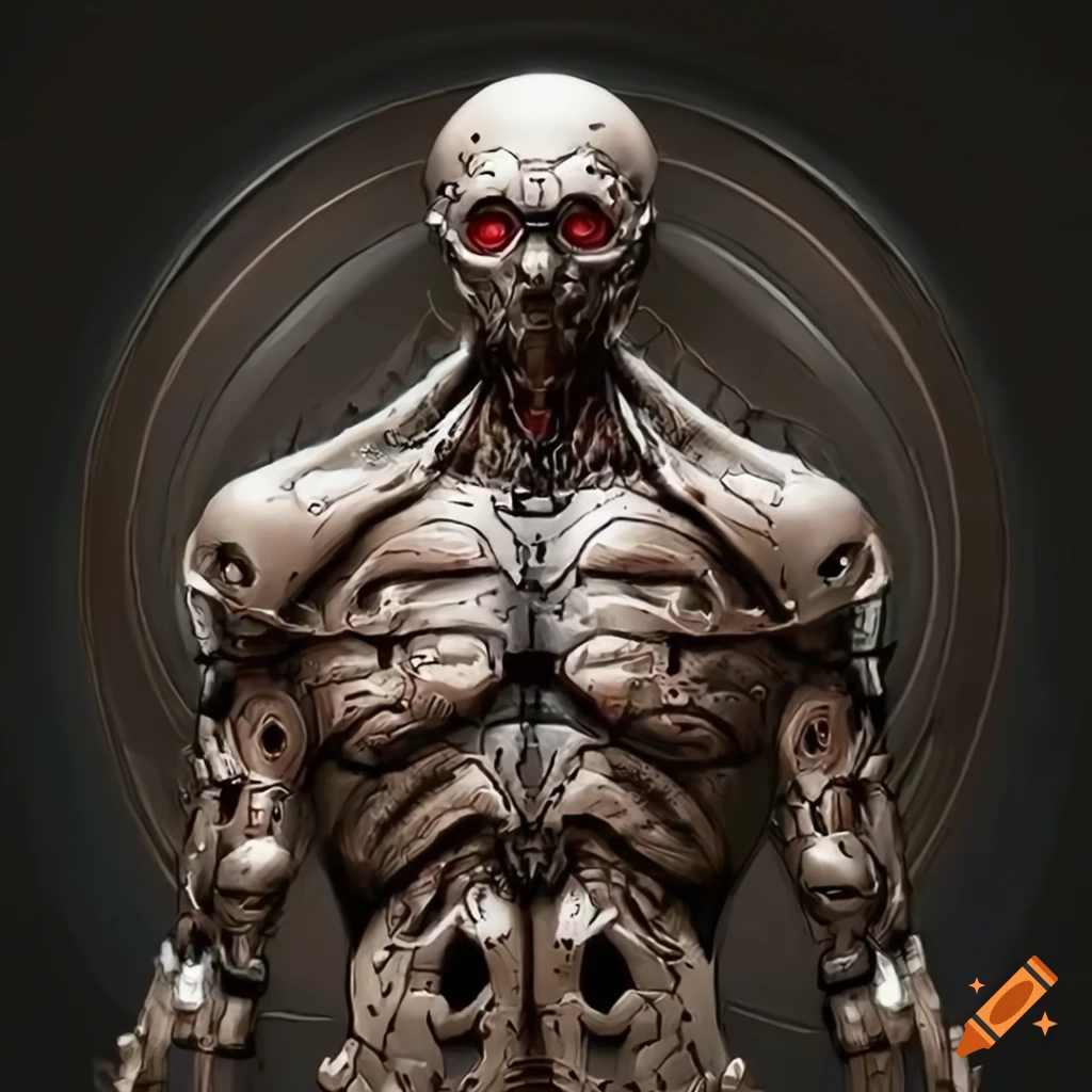 Biomechanical horror cyborg in a sci-fi setting on Craiyon