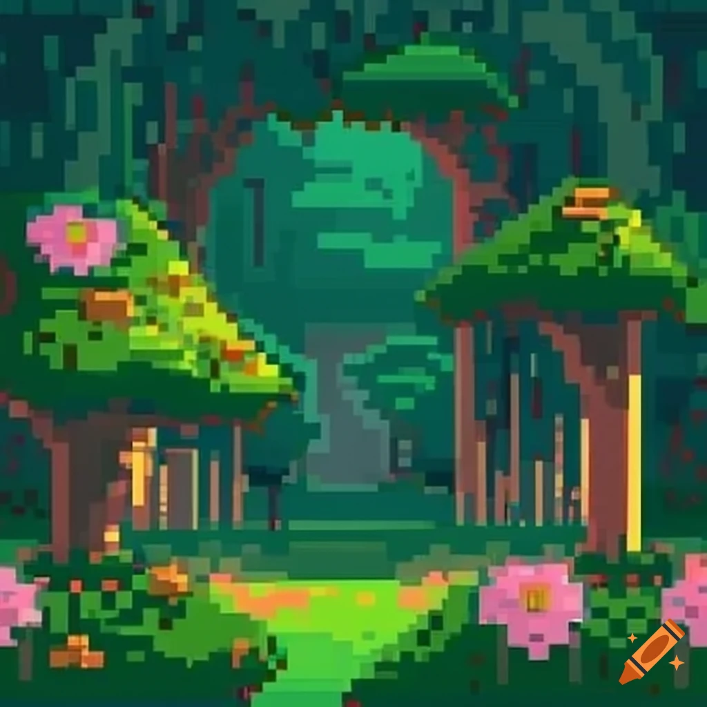 Pixel art of a forest colosseum with flowers on Craiyon