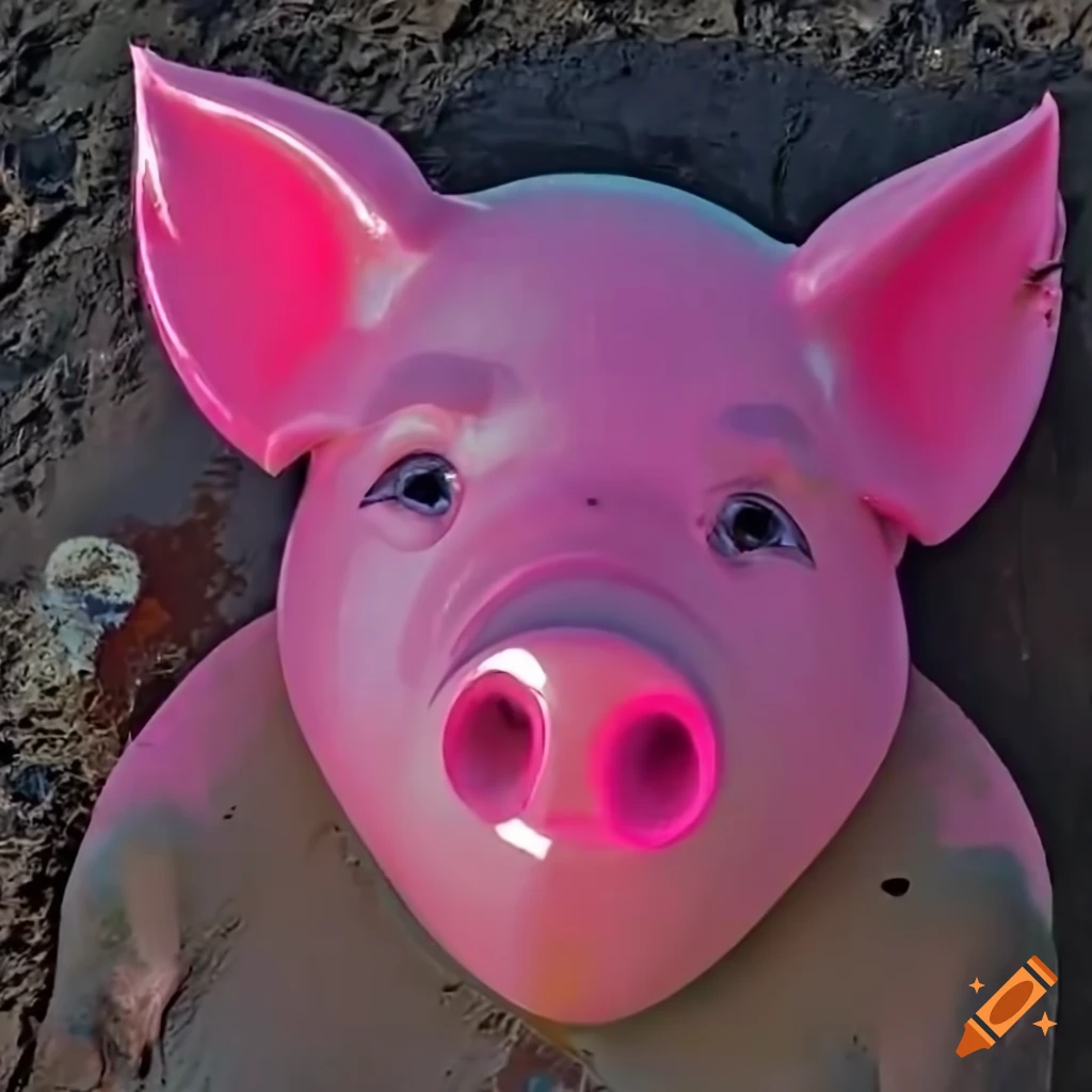 Male person transforming into a pig balloon with a human face at a farm ...