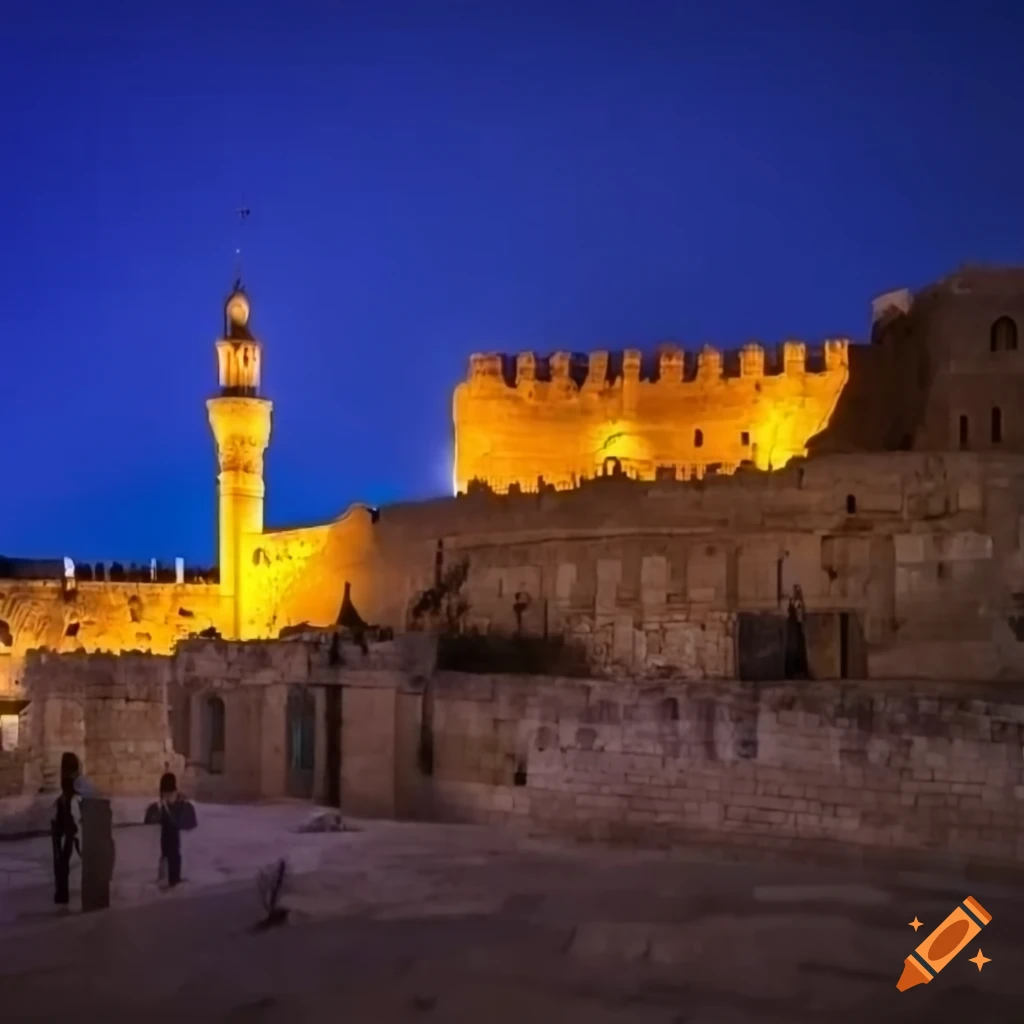 Night time at Palestine with a castle and a mosque on Craiyon