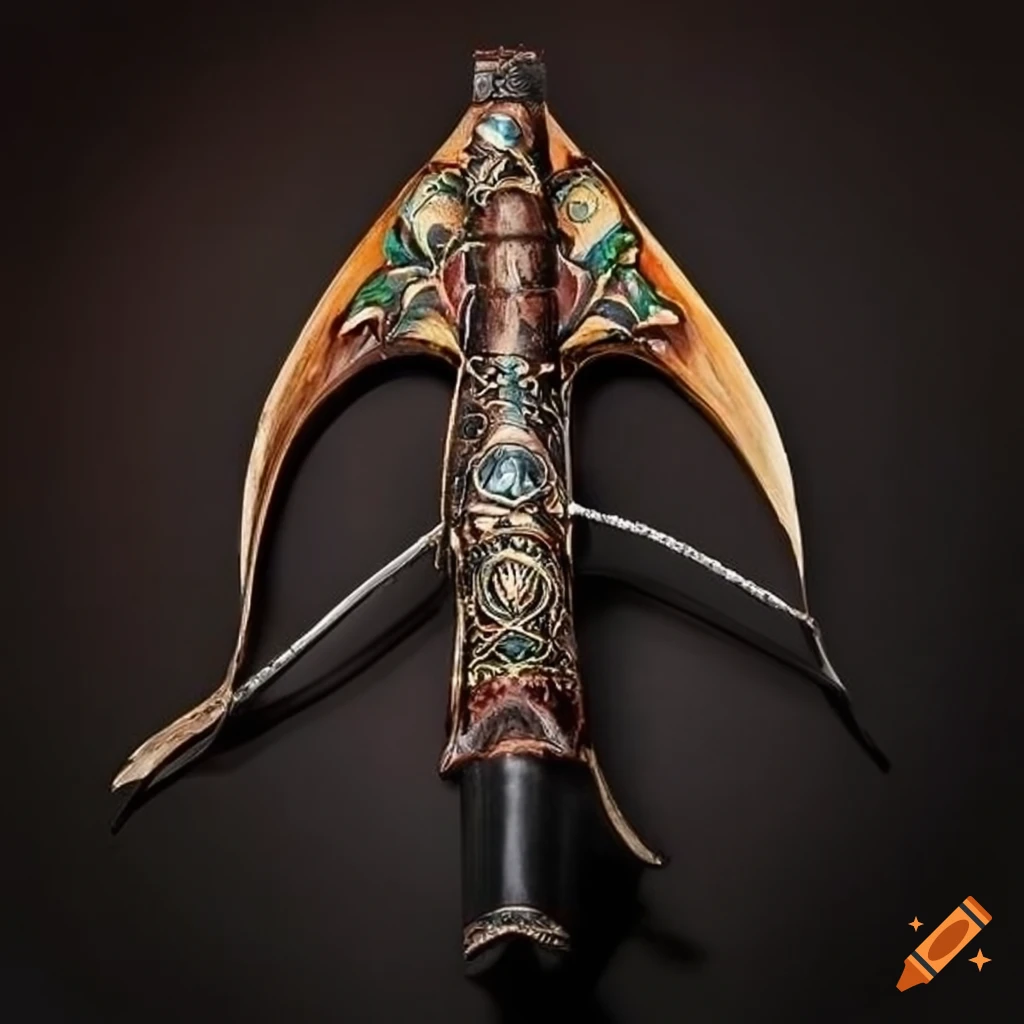 Hand-crafted ebony crossbow adorned with hand-painted raven wings on ...