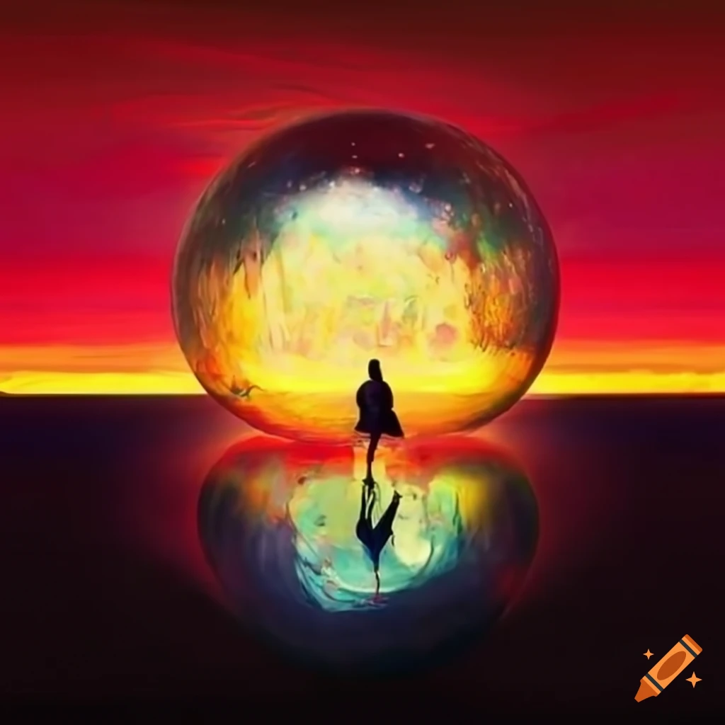 Blind person reaching for a floating sphere in dreamlike Expressionist landscape on Craiyon