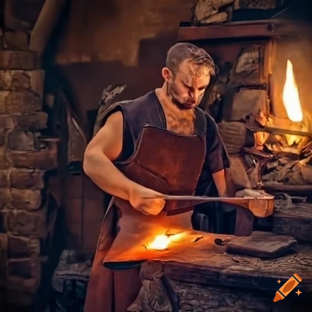 Medieval blacksmith crafting swords in a forge on Craiyon