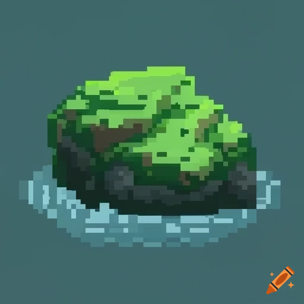 Detailed side view of moss-covered boulder in pixel art style on Craiyon
