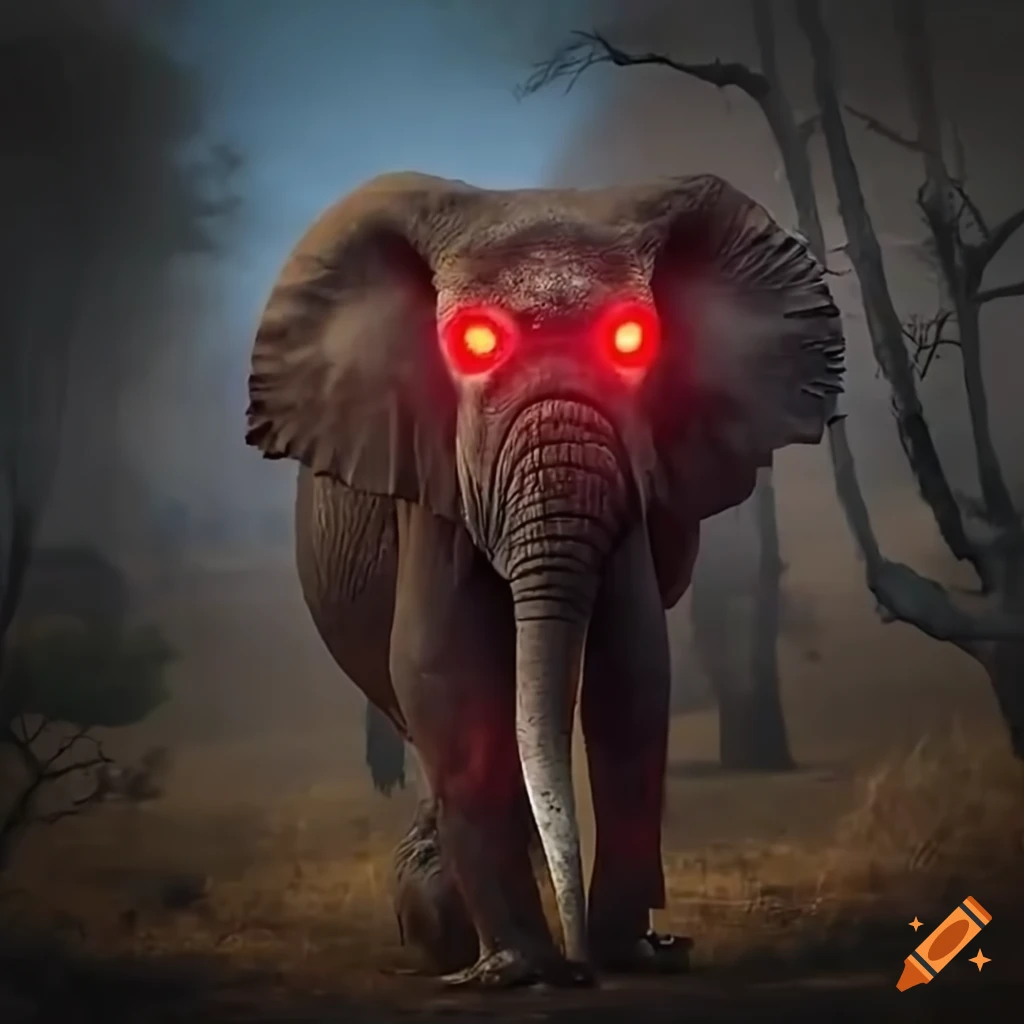 Angry elephant with glowing red eyes in a dense forest pulling a tree ...