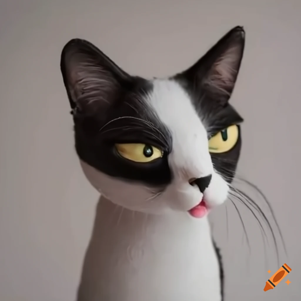 Well-groomed black and white claymation cat with a black nose on Craiyon