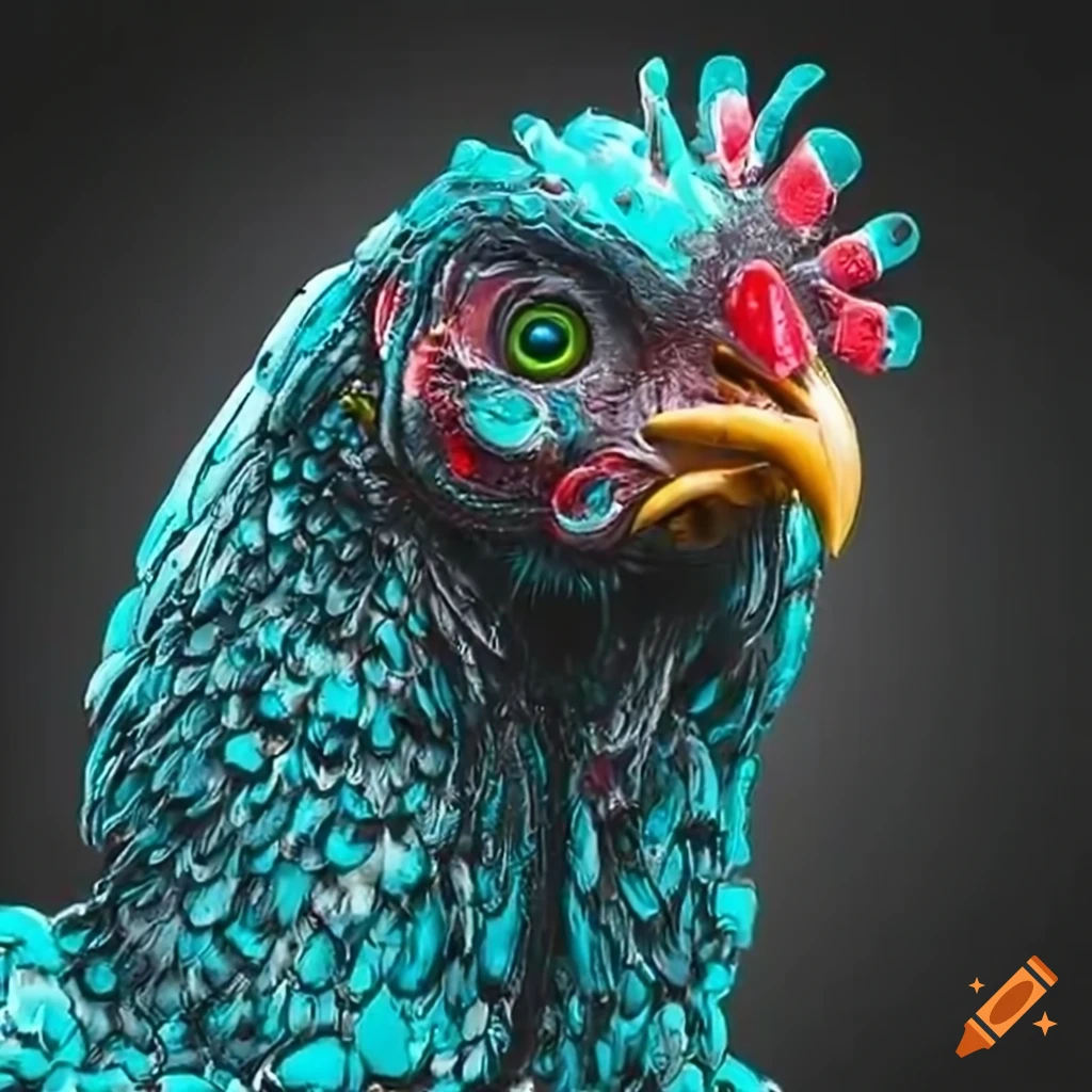 Cyborg chicken in combat on Craiyon