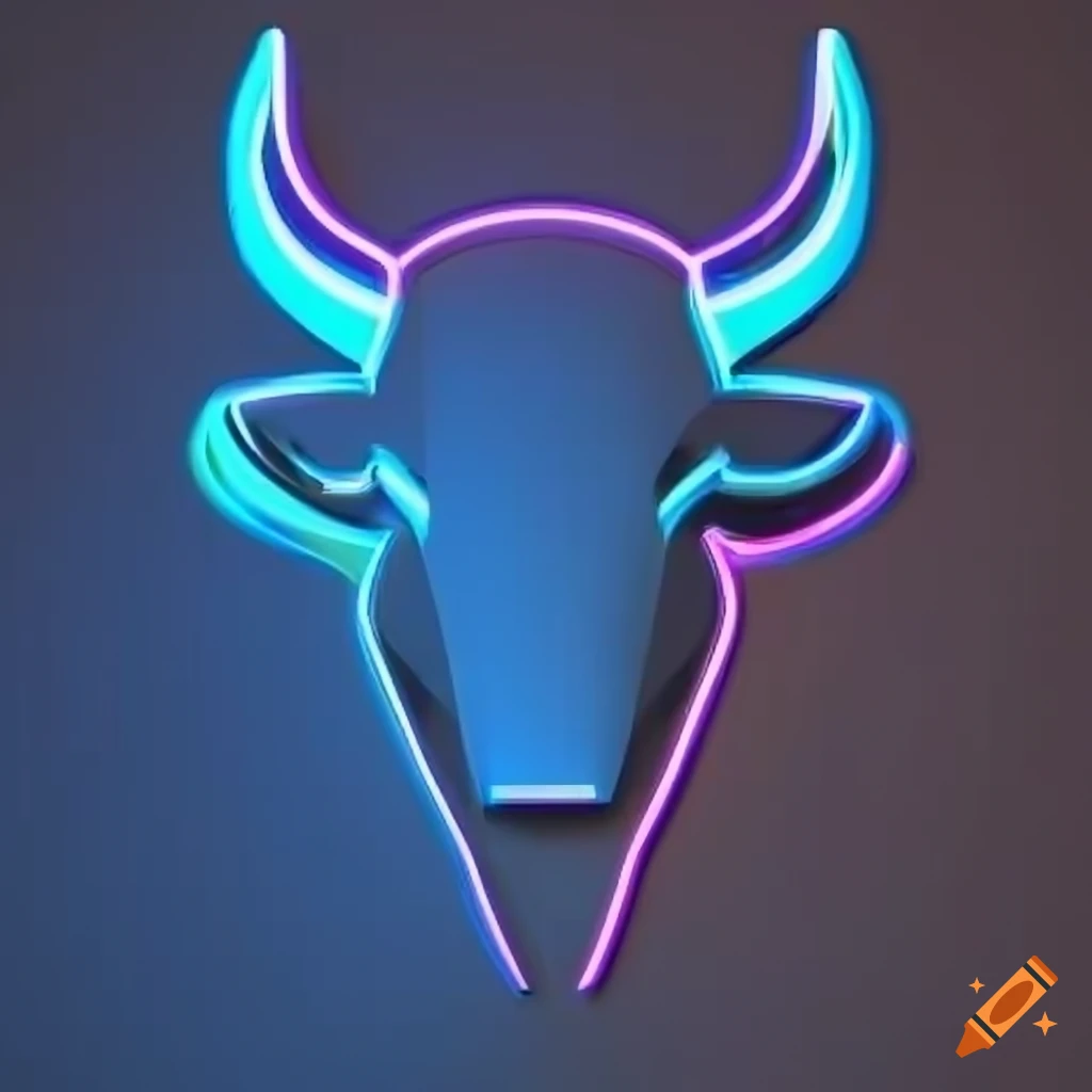 Minimalist 2D bull logo in glowing blue neon light with a polygonal ...