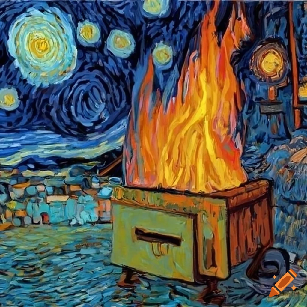 Artistic representation of a dumpster fire in the style of Van Gogh on ...