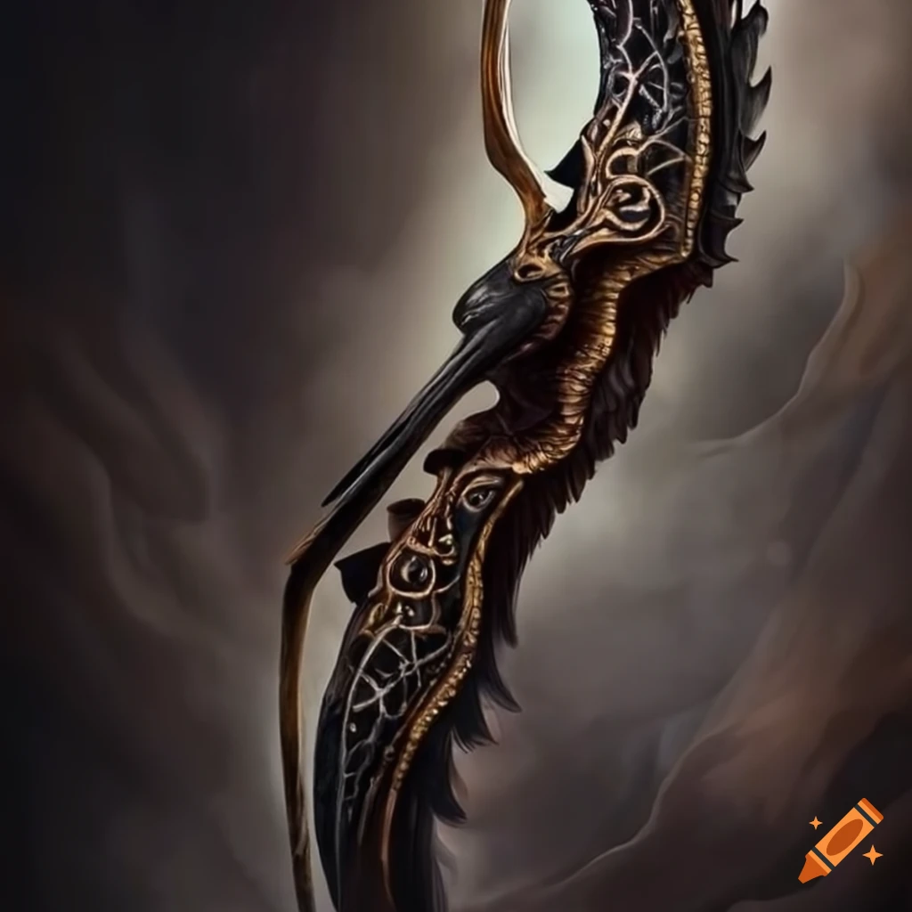 Intricate ebony longbow with raven wings in a fantasy art setting on Craiyon