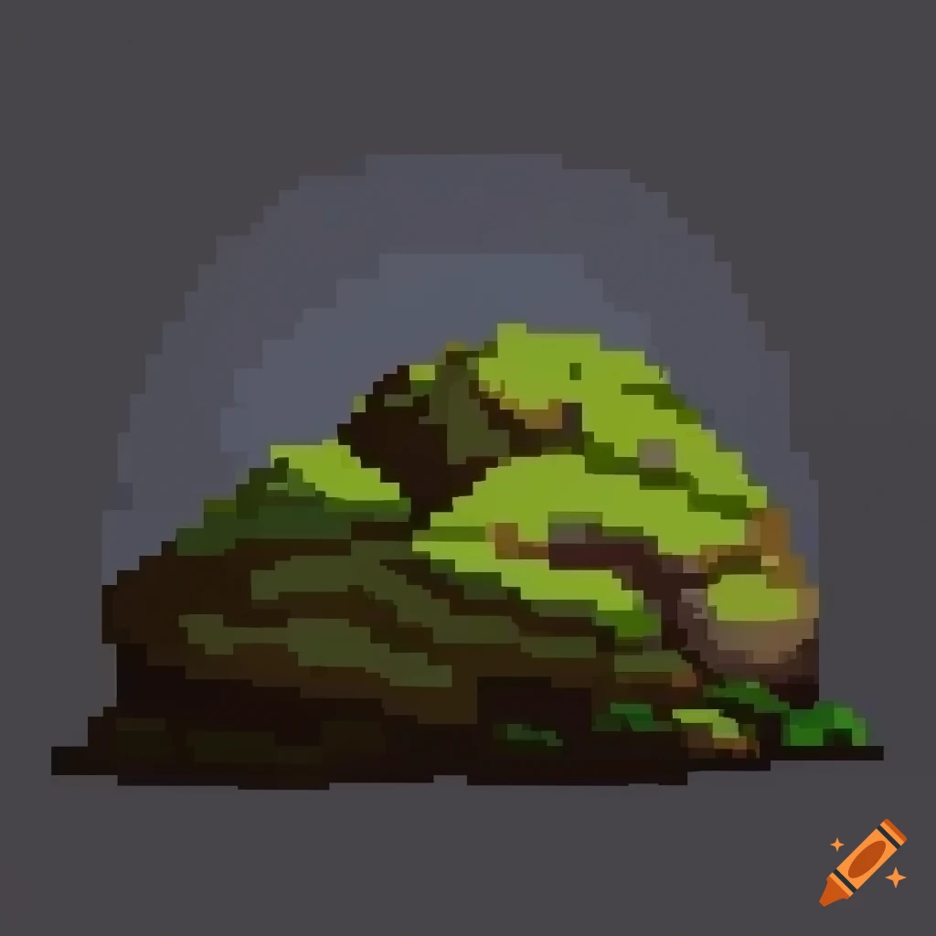 Detailed side view of moss-covered boulder in pixel art style on Craiyon