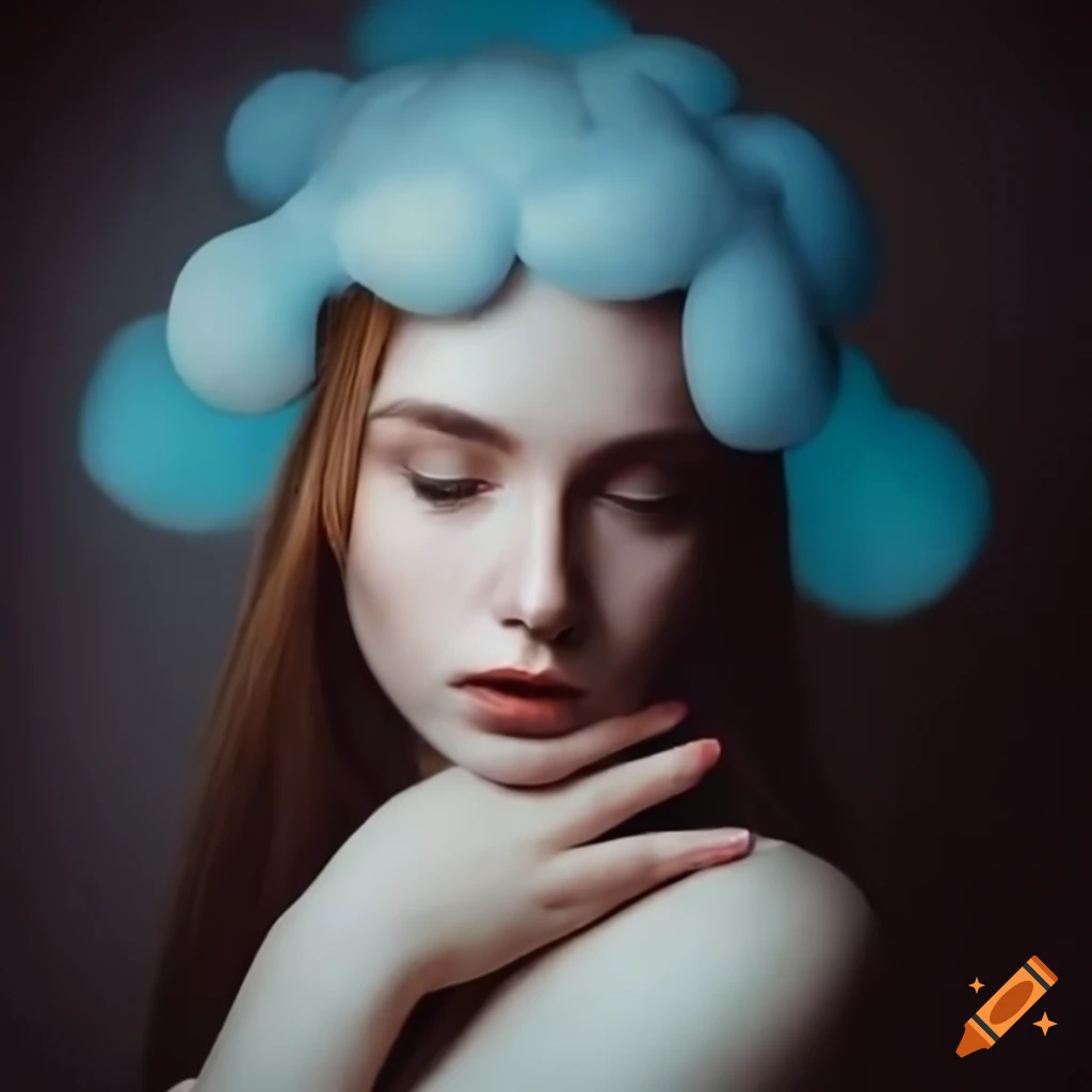 Woman with a cloud-shaped head in a realistic setting on Craiyon