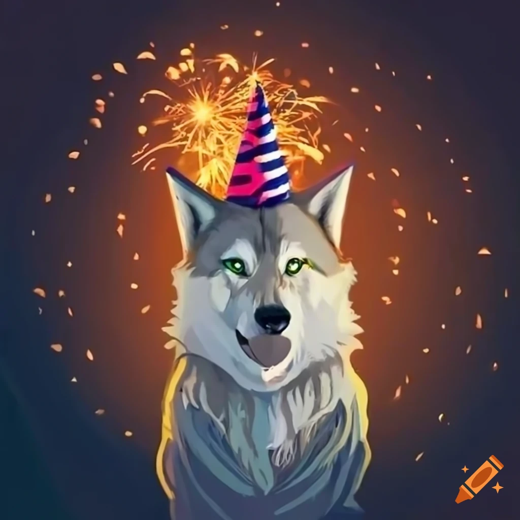 Stylish wolf with party hat, champagne, and fireworks on Craiyon