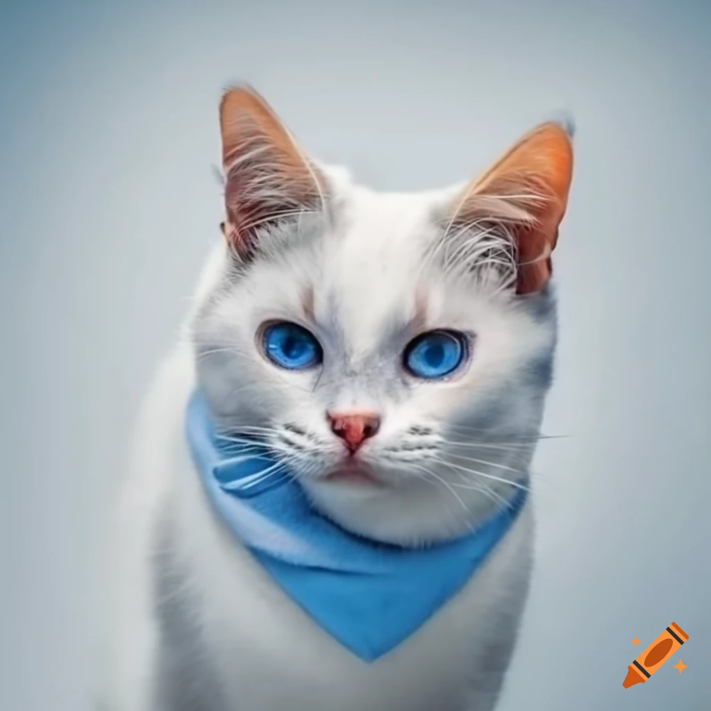 White cat with striped splotches and blue eyes wearing a blue bandana ...