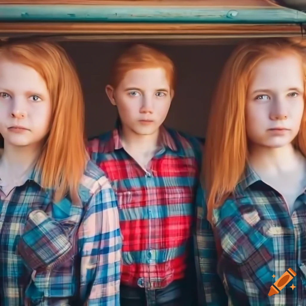 Two relaxed ginger female twins in country plaid shirts and high-waist ...