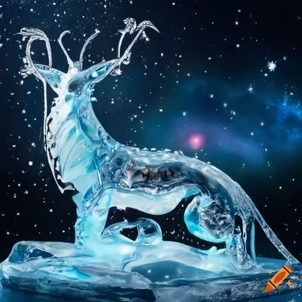 Silver ice sculpture of a zodiac animal in a cosmic landscape on Craiyon