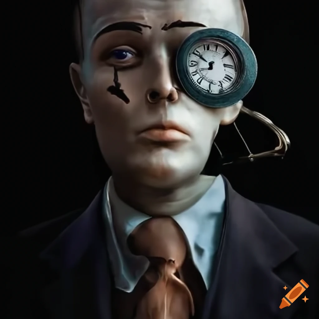 Surreal journalist figure with a silver clock as head on Craiyon