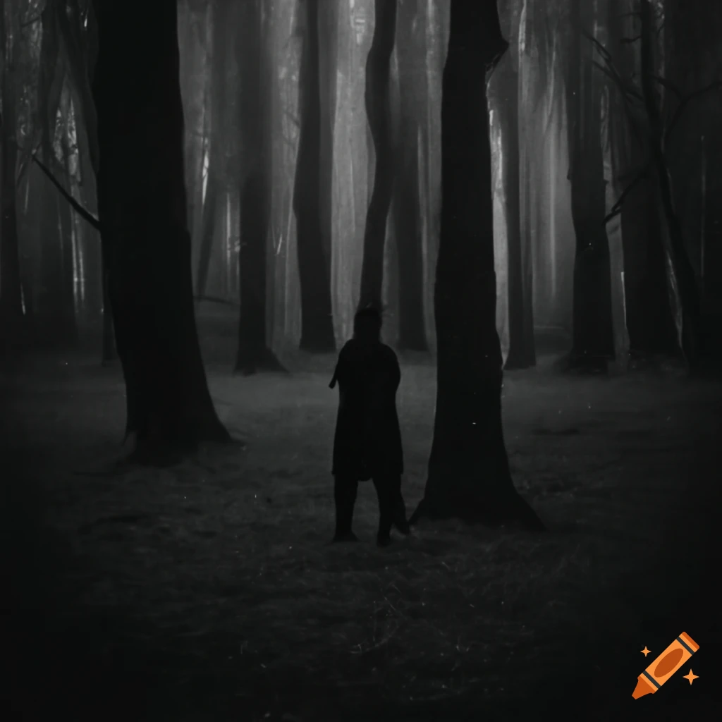 Grainy black and white photo of a faceless figure in a forest at night ...