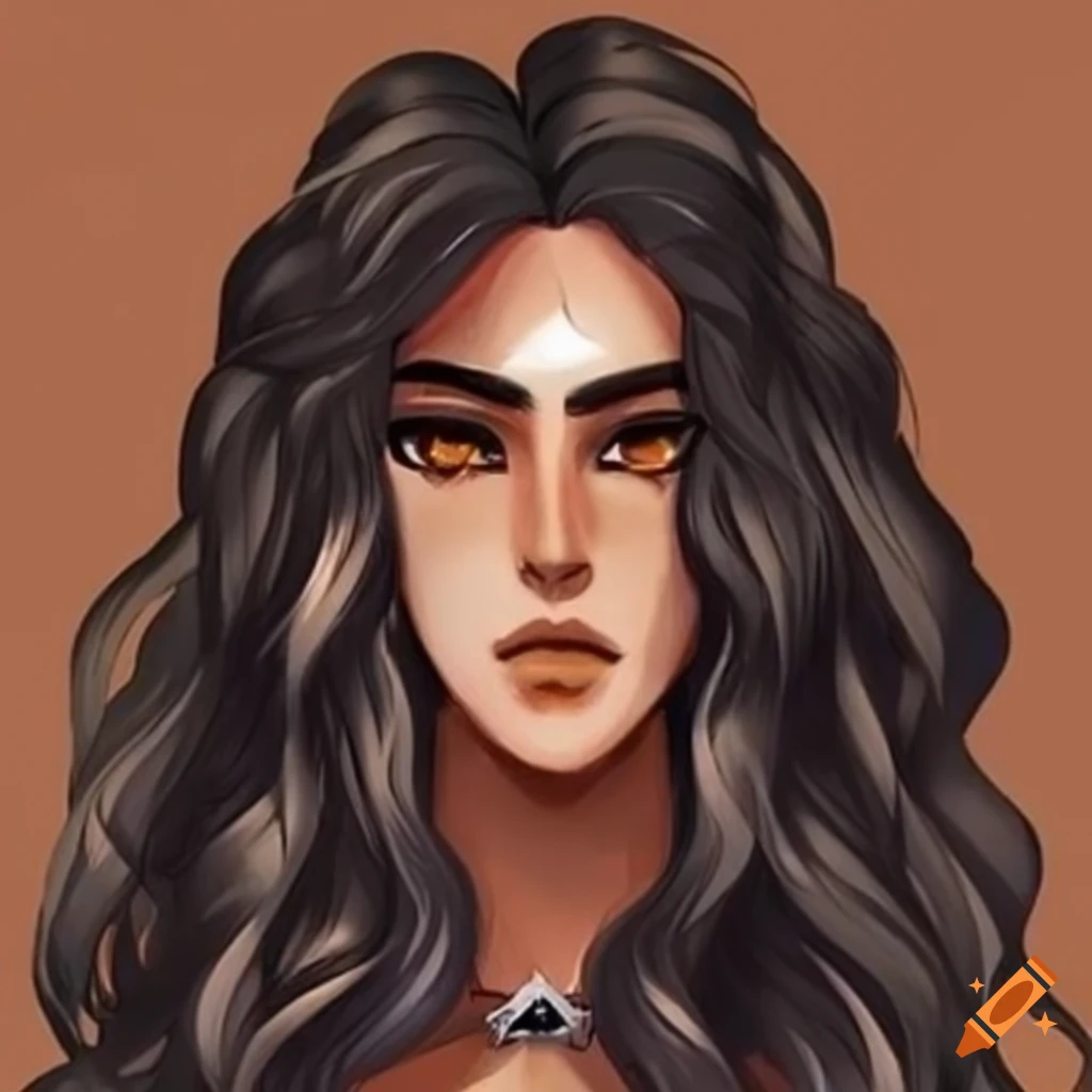 Portrait of a tan prince with golden yellow eyes and wavy long hair on ...