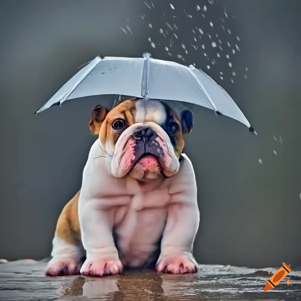 English bulldog puppy holding umbrella in the rain on Craiyon