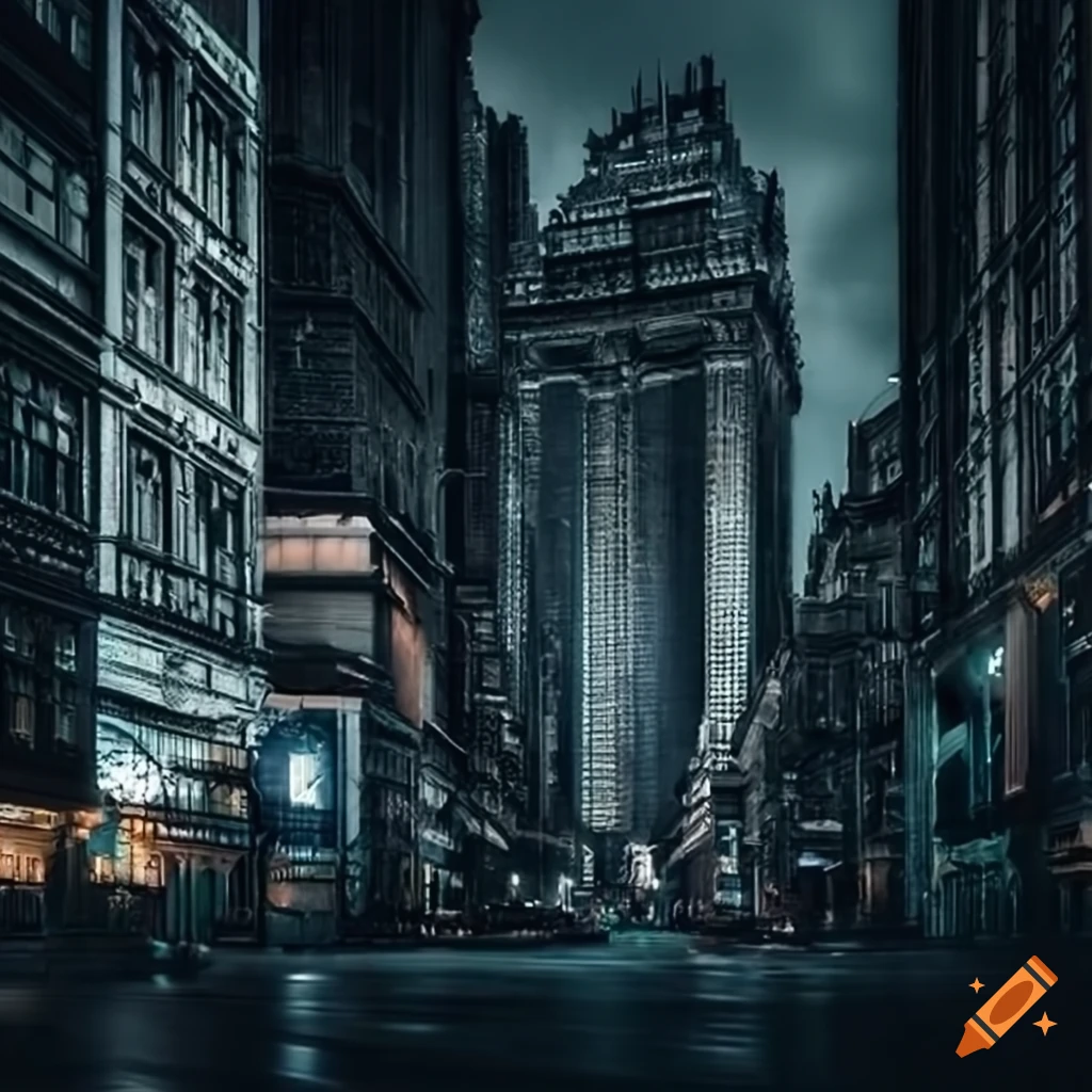 Cityscape with dark deco buildings on Craiyon