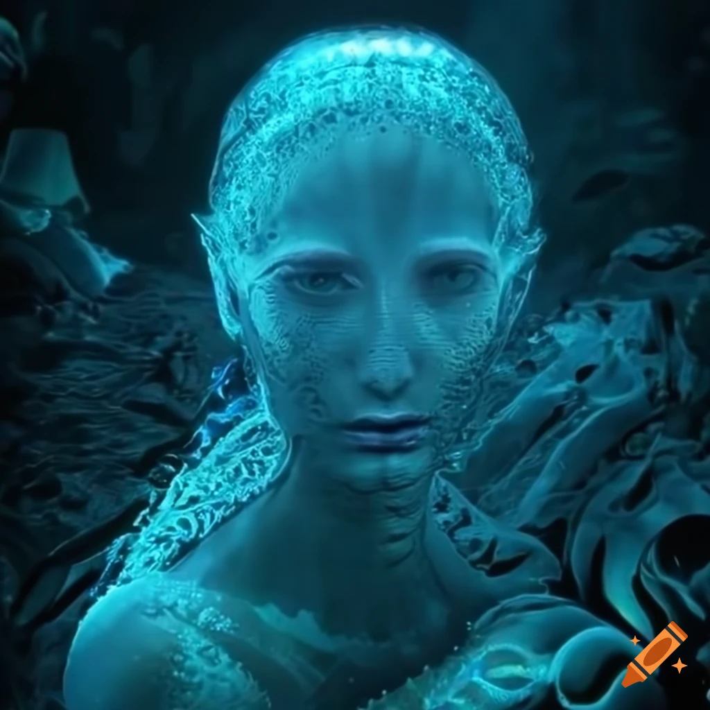Close-up of biopunk mermaid with bioluminescent scales, gills, and fins ...