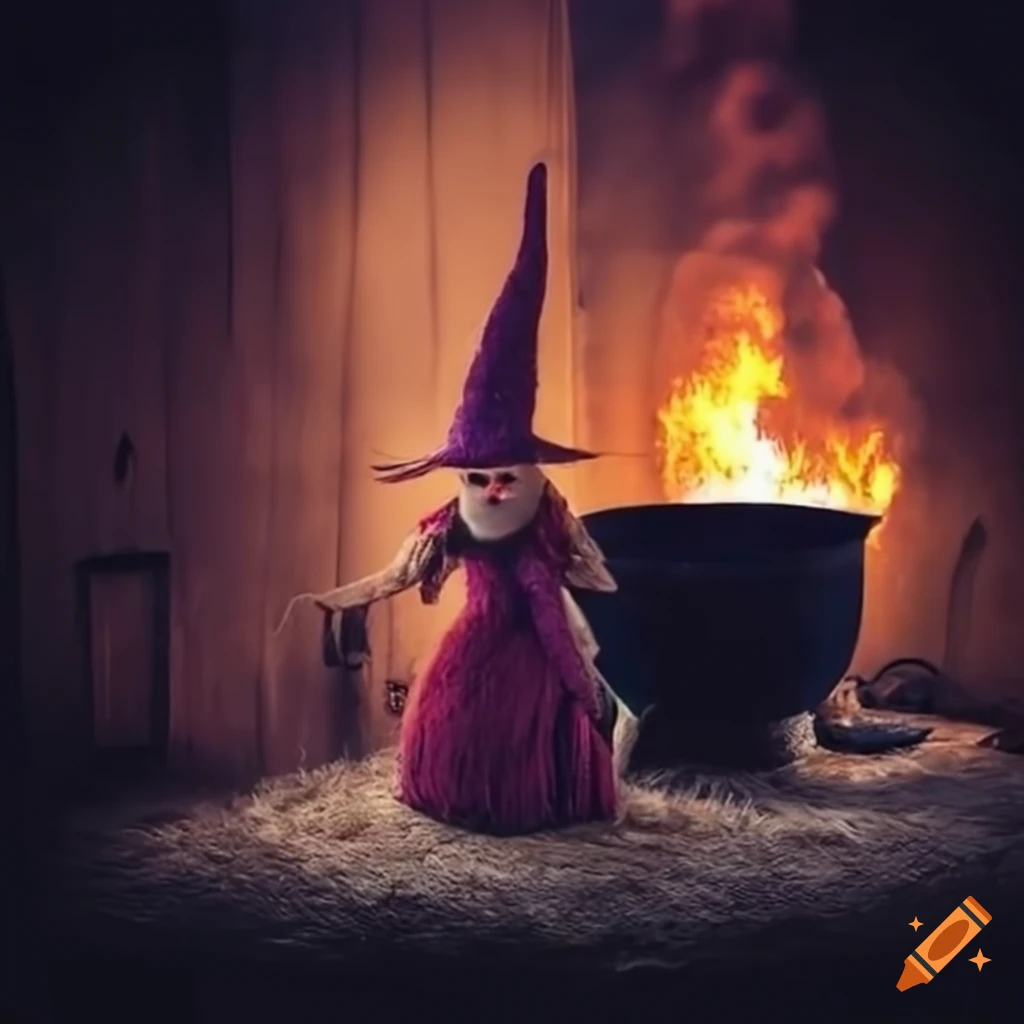 Adorable wool witch in village house with boiling cauldrons on Craiyon