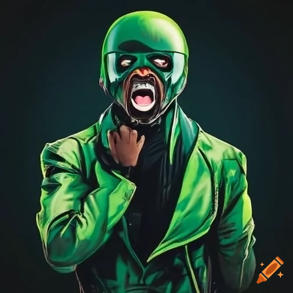 Superhero in green jacket and motorcycle helmet screaming on Craiyon