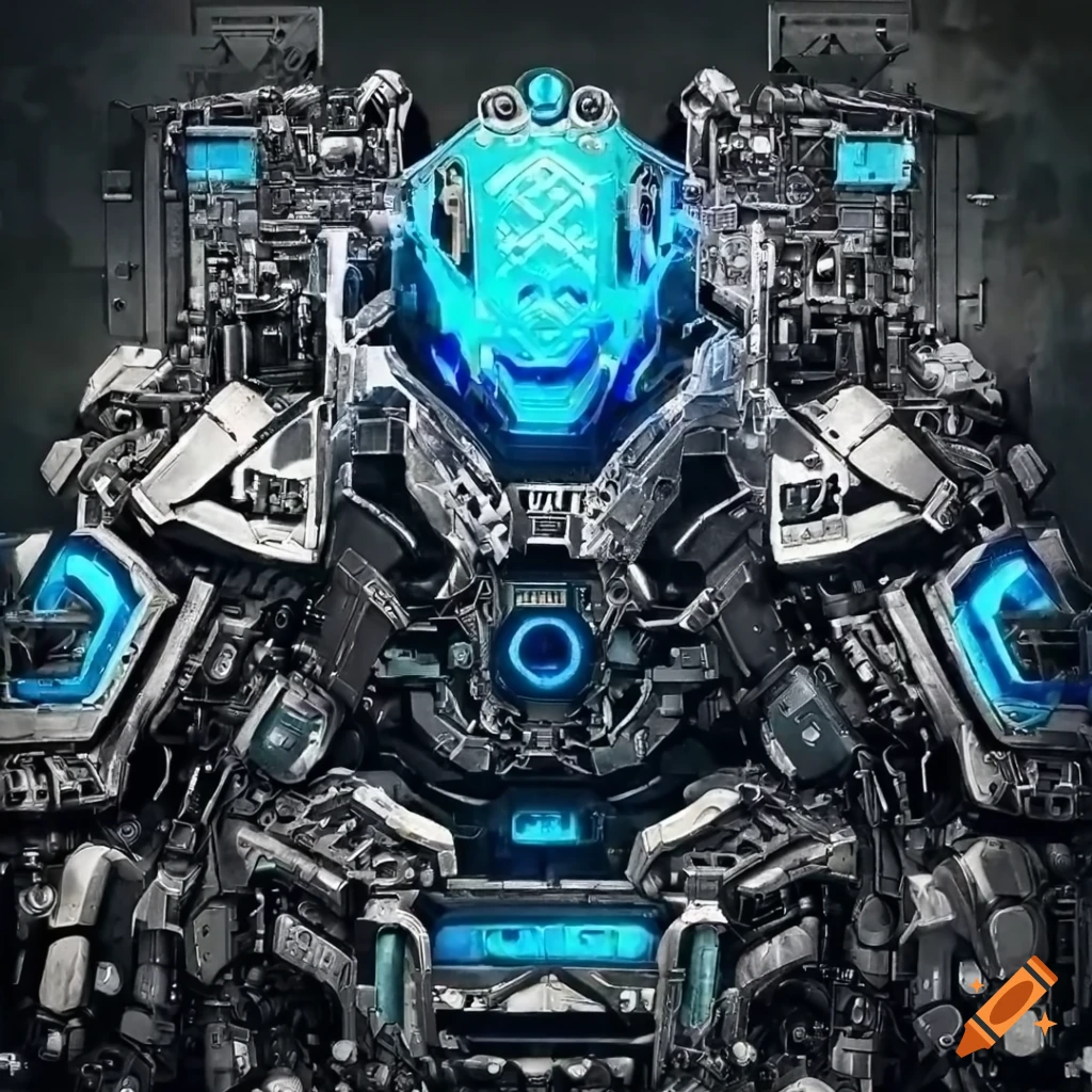 Colorful art nouveau and anime-style mecha with a blue bird on its ...