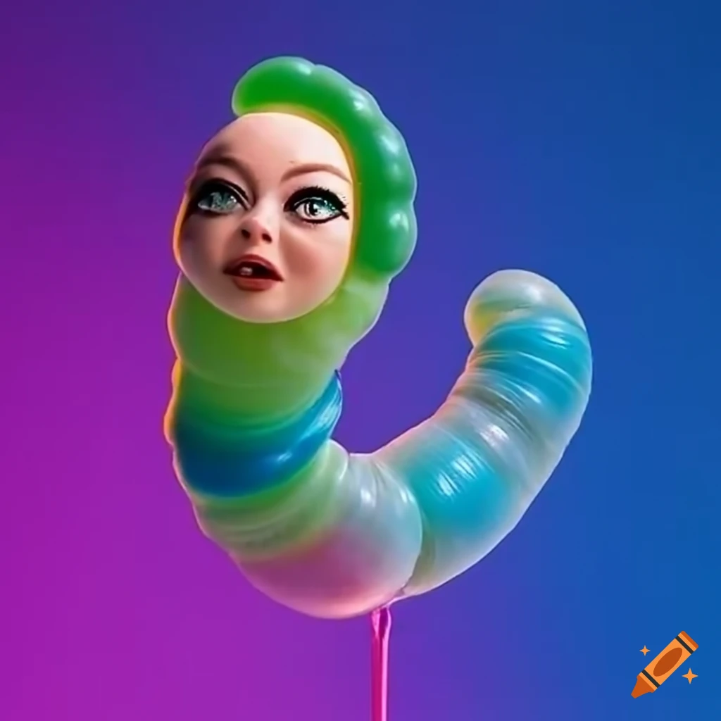 Colorful gummi worm with the face of emma stone on Craiyon