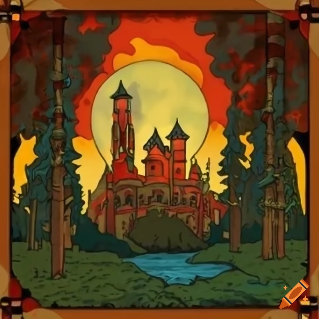 Doom metal band cover painting with forest, castle, and sun in Ivan ...