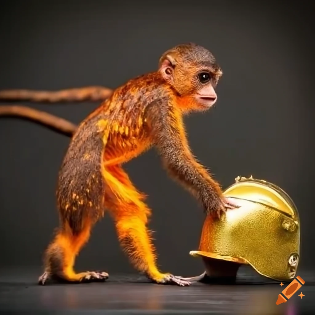 Lava monkey with a golden helmet chasing a black monkey on Craiyon